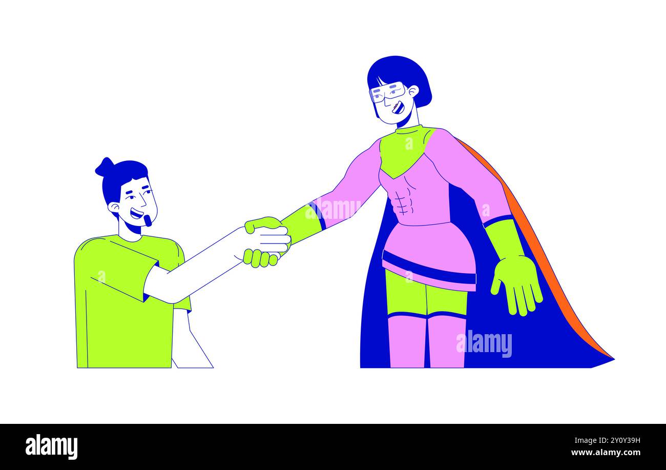 Happy korean female hero helping caucasian man 2D linear cartoon ...