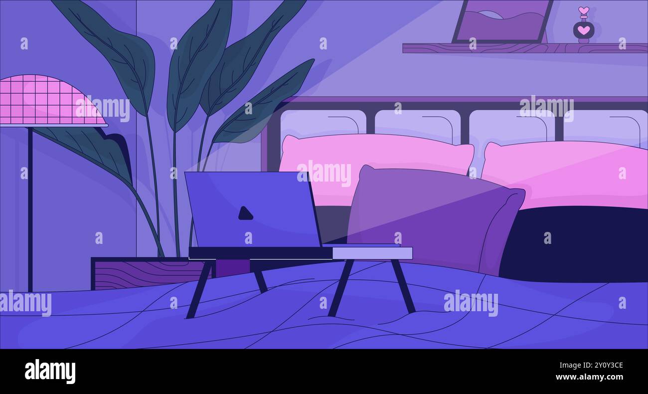 Laptop bed desk in bedroom at night 2D cartoon background Stock Vector ...