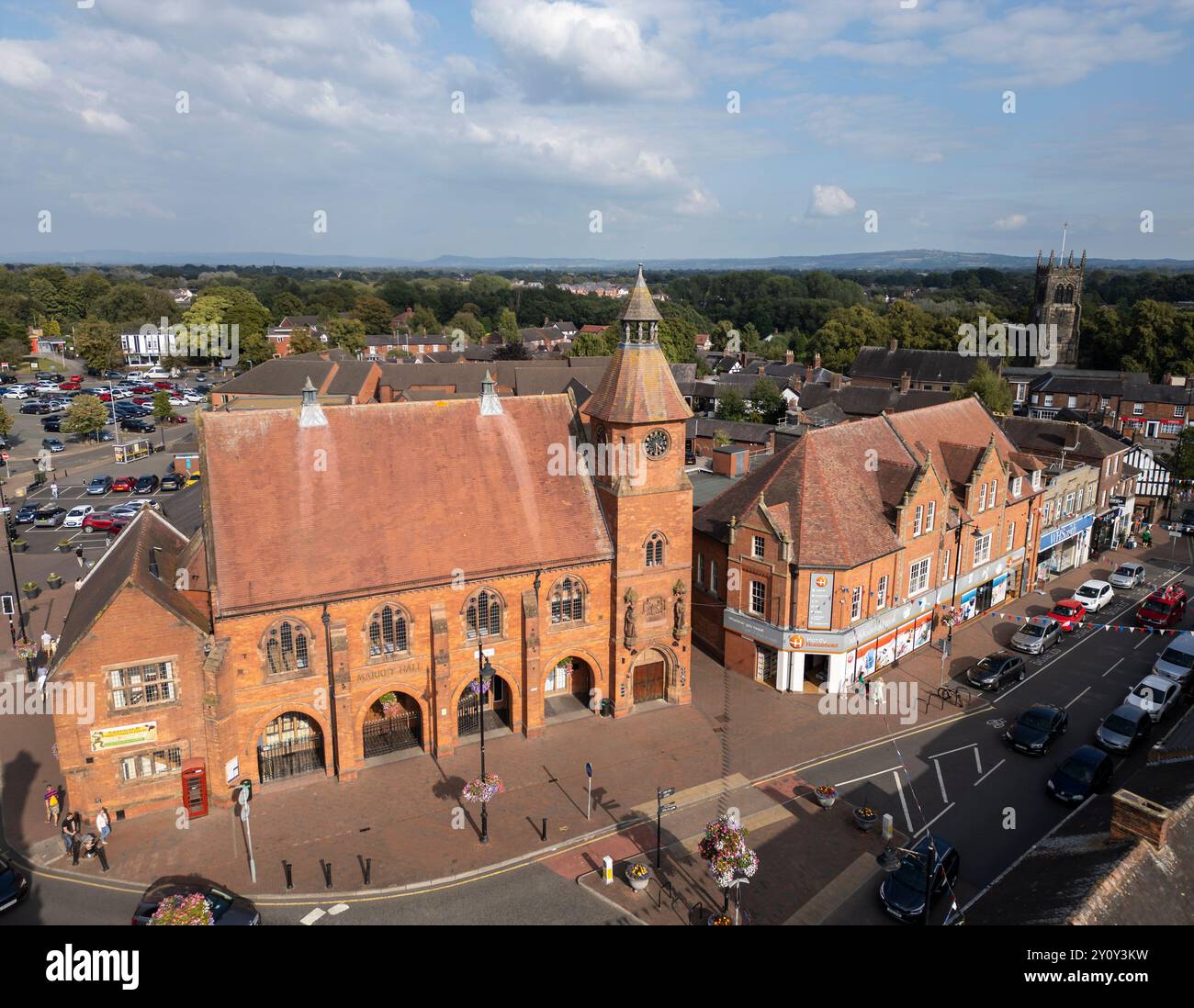 Market hall building, High Town, Sandbach, Cheshire, England, aerial ...