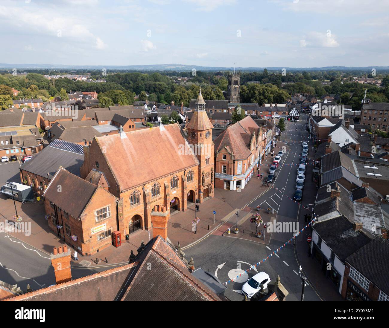 Market hall building, High Town, Sandbach, Cheshire, England, aerial ...