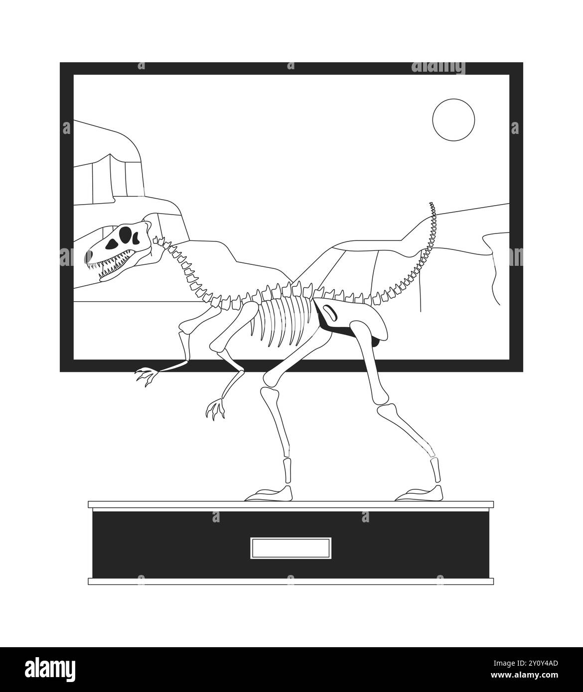Velociraptor fossil exhibit black and white 2D line cartoon object ...