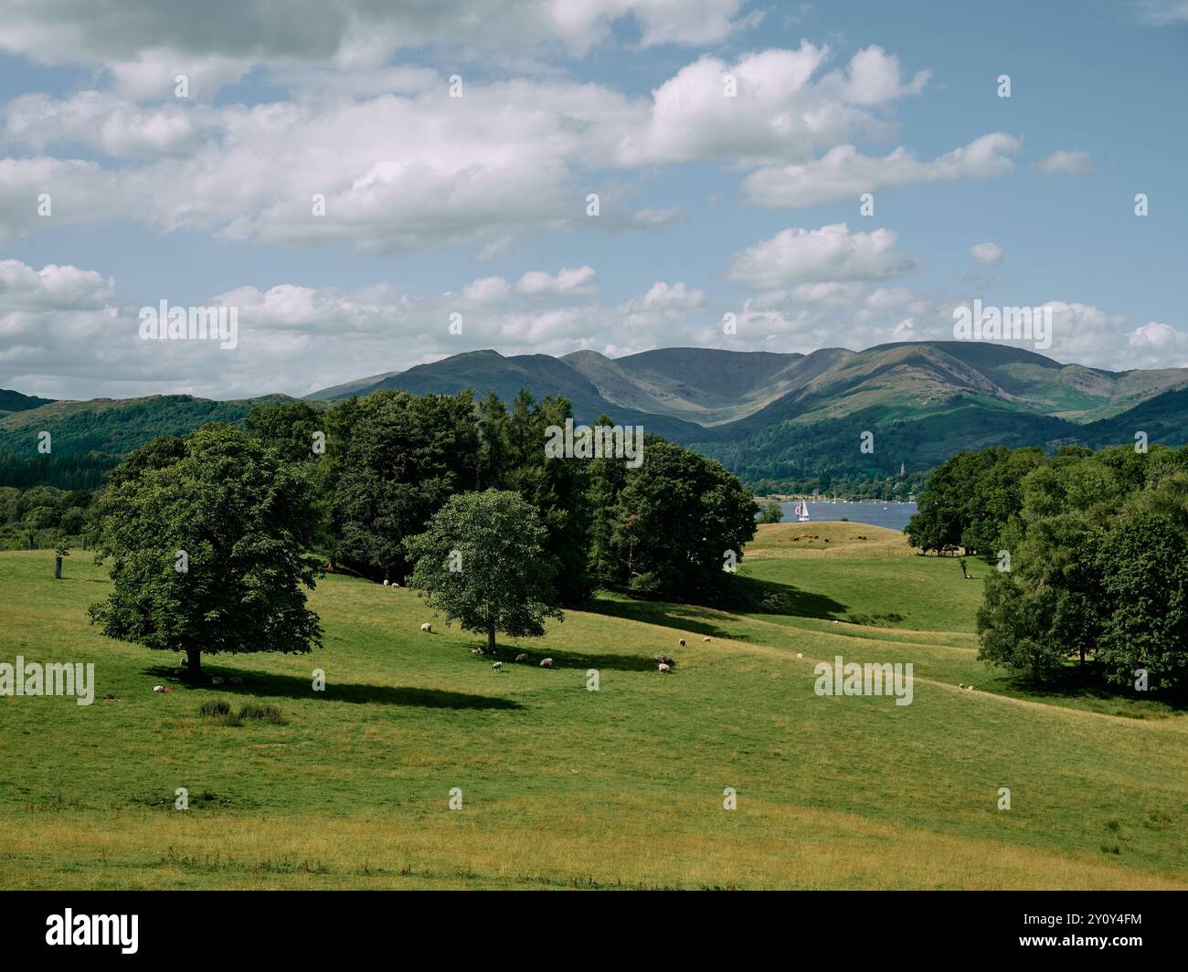 The summer landscape view from Wray Castle at Low Wray in the Lake ...