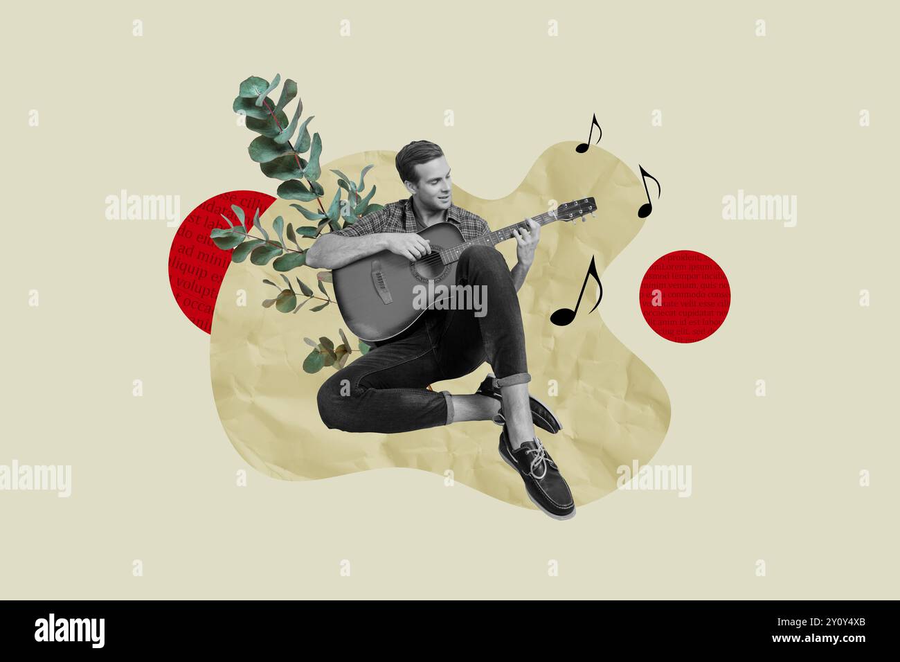Creative collage young handsome man sit play guitar musician acoustic ...
