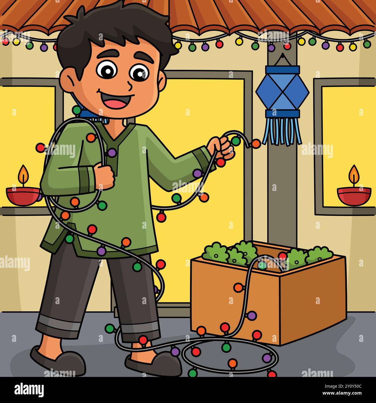 Diwali Festival Child with Lights Colored Cartoon Stock Vector Image ...