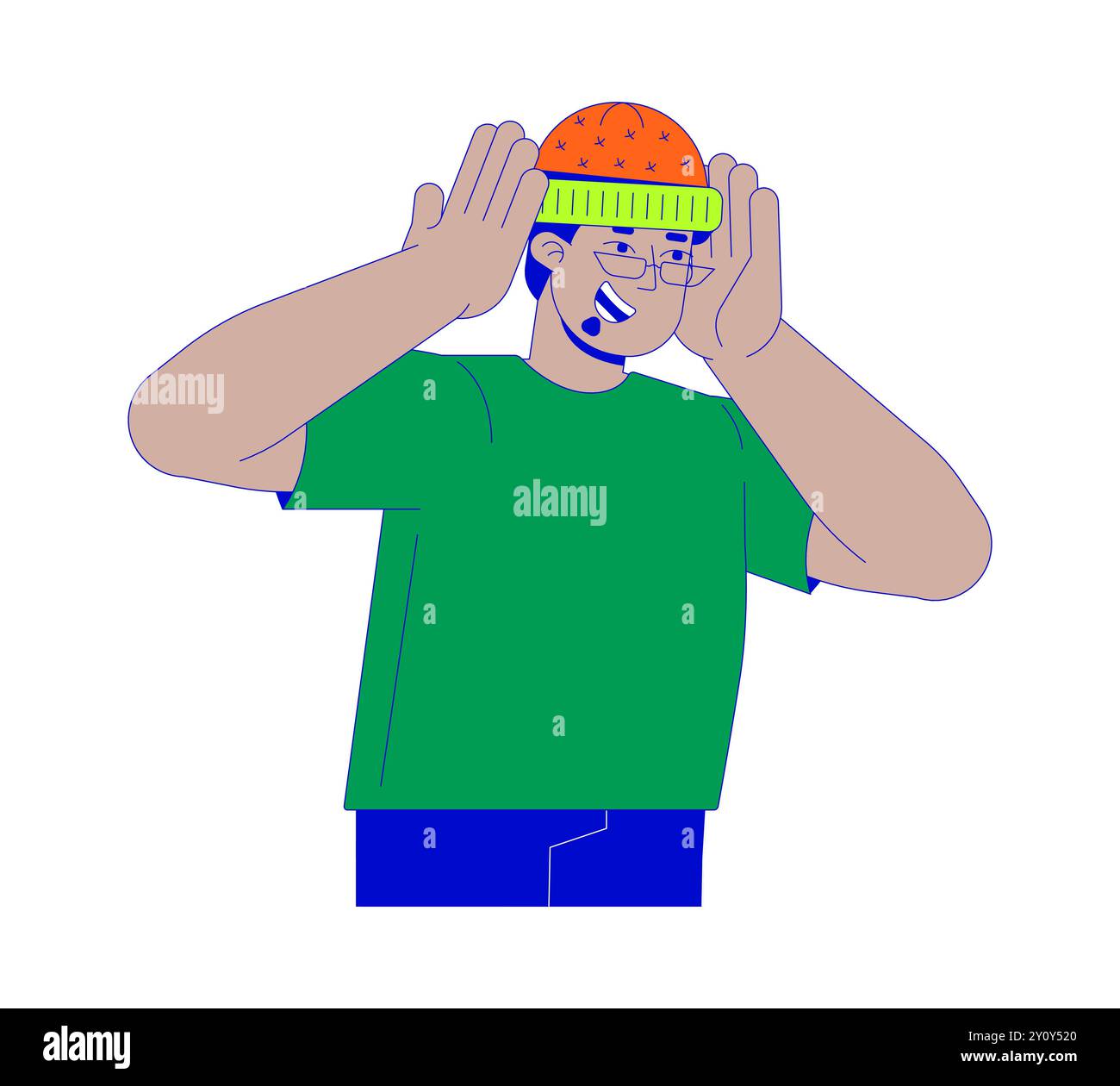 Happy middle eastern man putting on knitted hat 2D linear cartoon ...