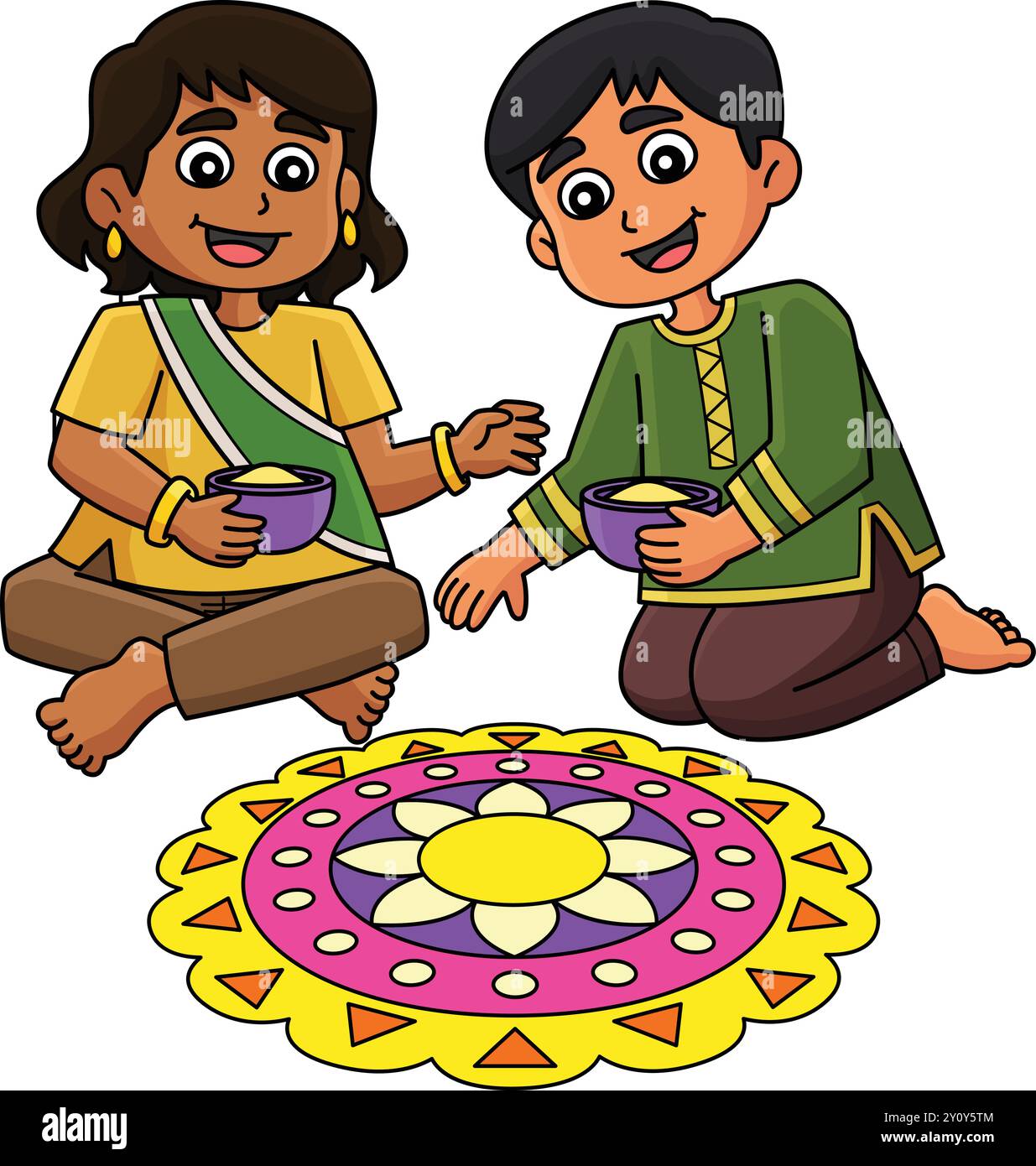 Diwali Festival Kids Making a Rangoli Clipart Stock Vector Image & Art ...