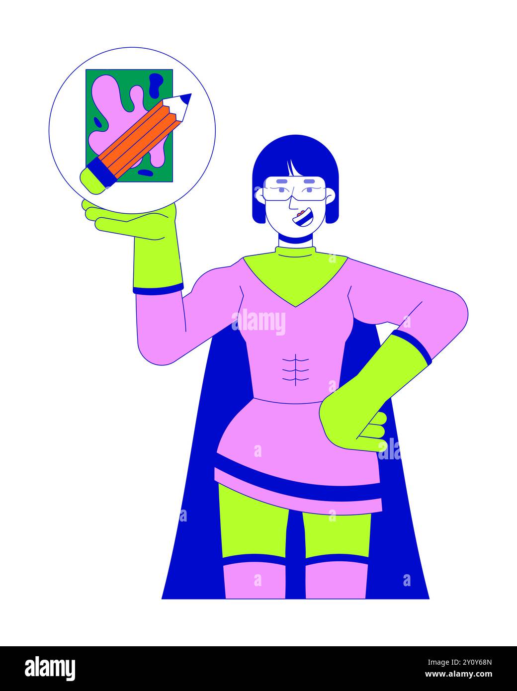 Superhero asian woman showing artists supplies 2D linear cartoon ...