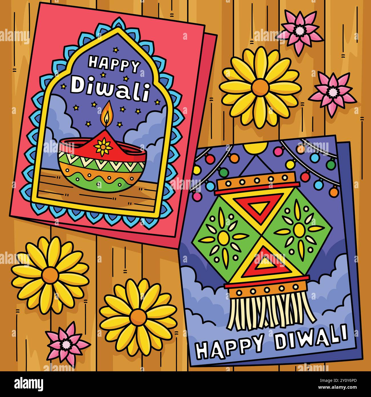 Diwali Greeting Cards Colored Cartoon Illustration Stock Vector Image ...