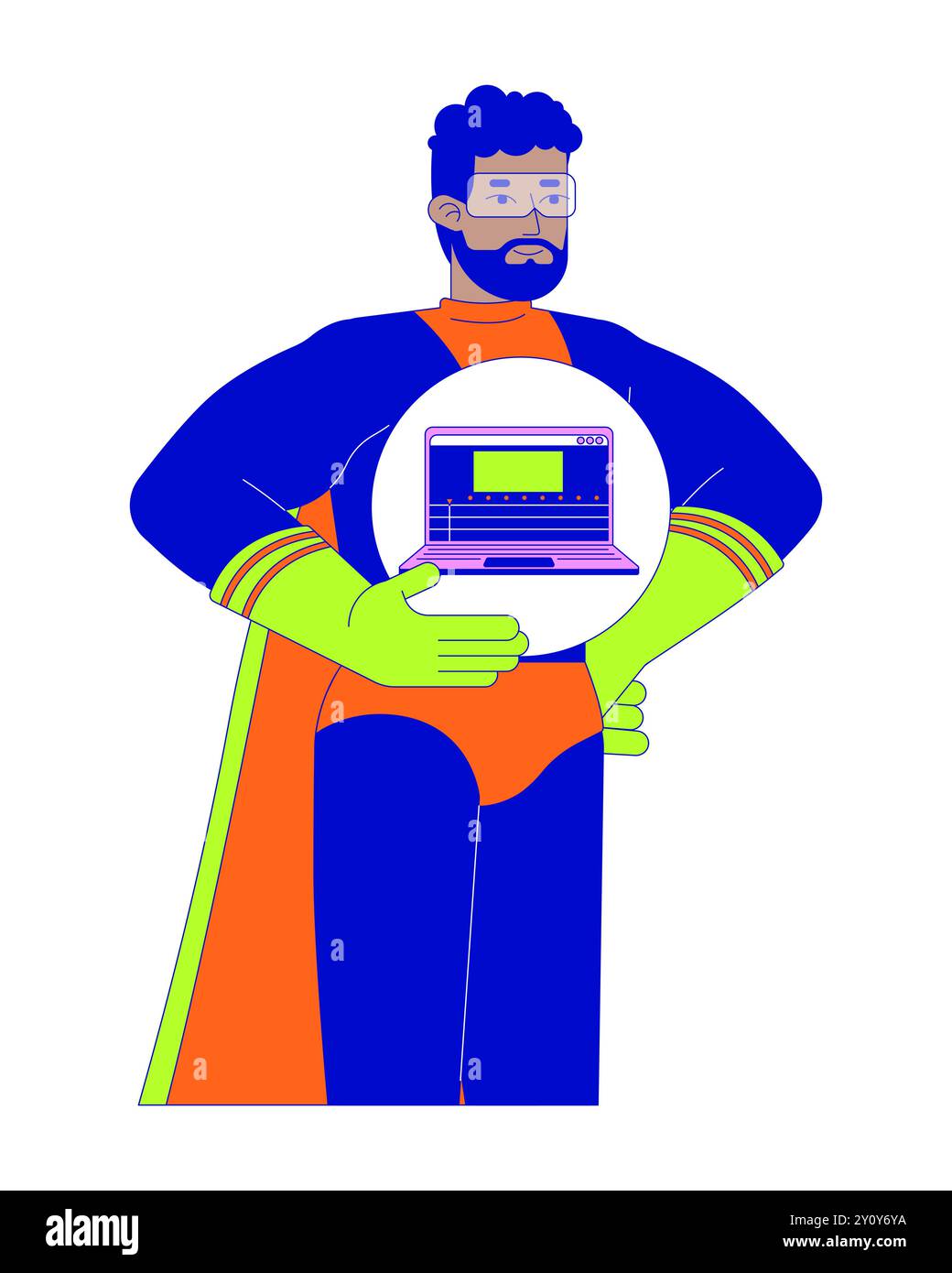 African american man hero with laptop 2D linear cartoon character Stock ...