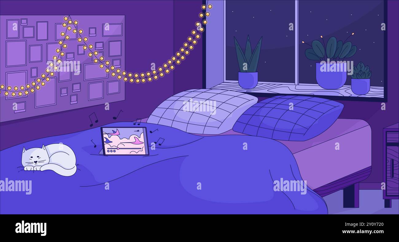 Cozy bedroom with sleeping cat 2D cartoon background Stock Vector Image ...