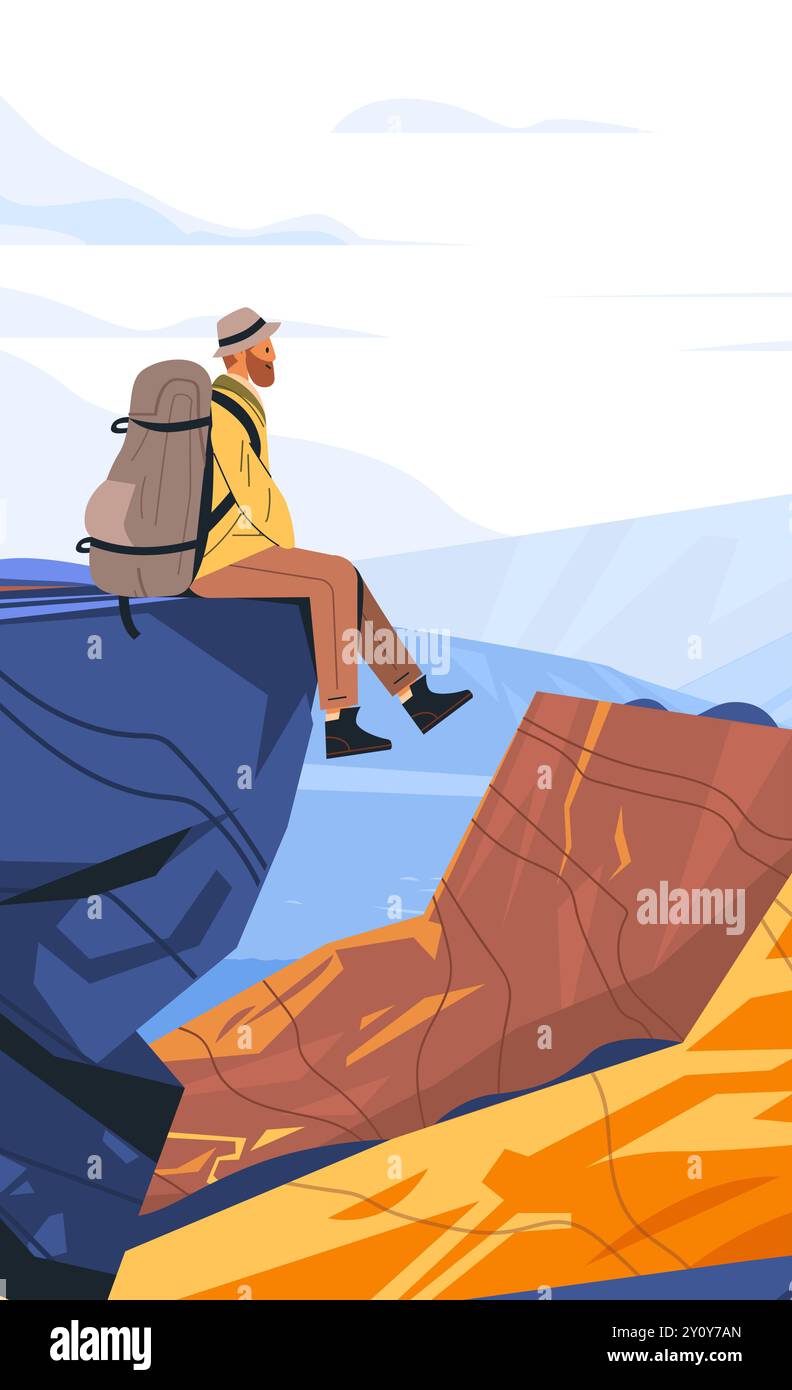 Hiker sitting on cliff edge with backpack mountain landscape adventure travel outdoor nature ...