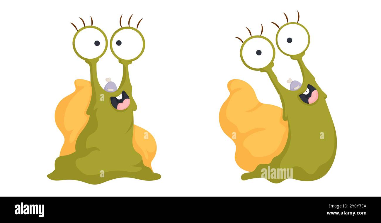 Two adorable cartoon snails with large, expressive eyes and cheerful ...