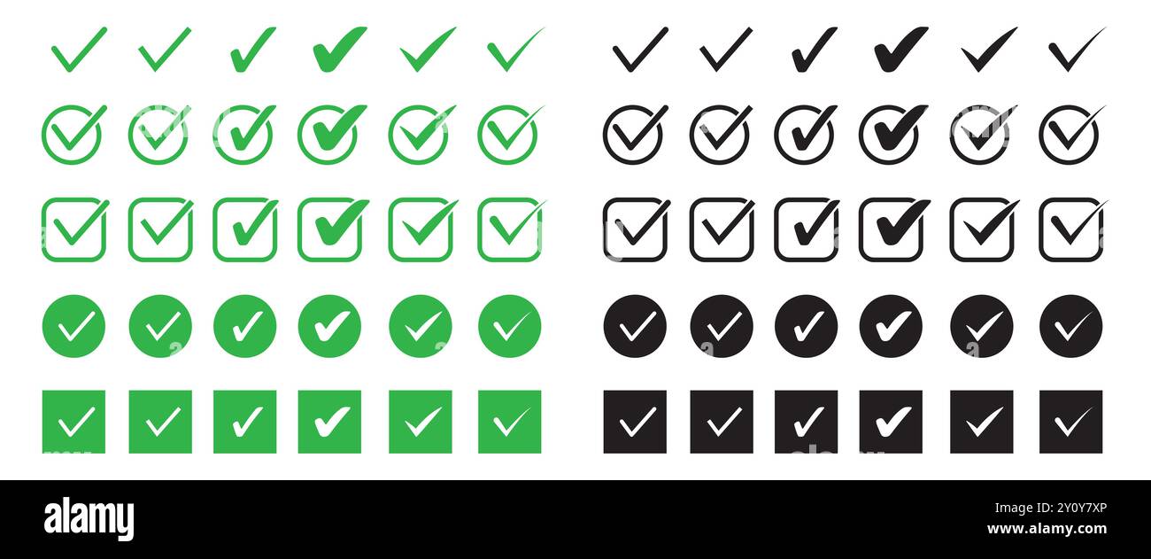 Set of green and black check mark flat icon. Silhouette of tick mark in various shapes. Vector ...