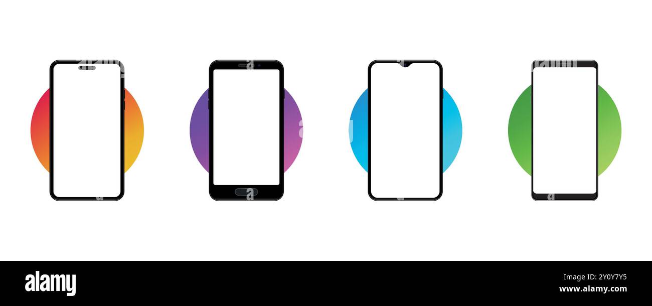 Realistic smartphone mockup devices on colored circle background. Blank ...