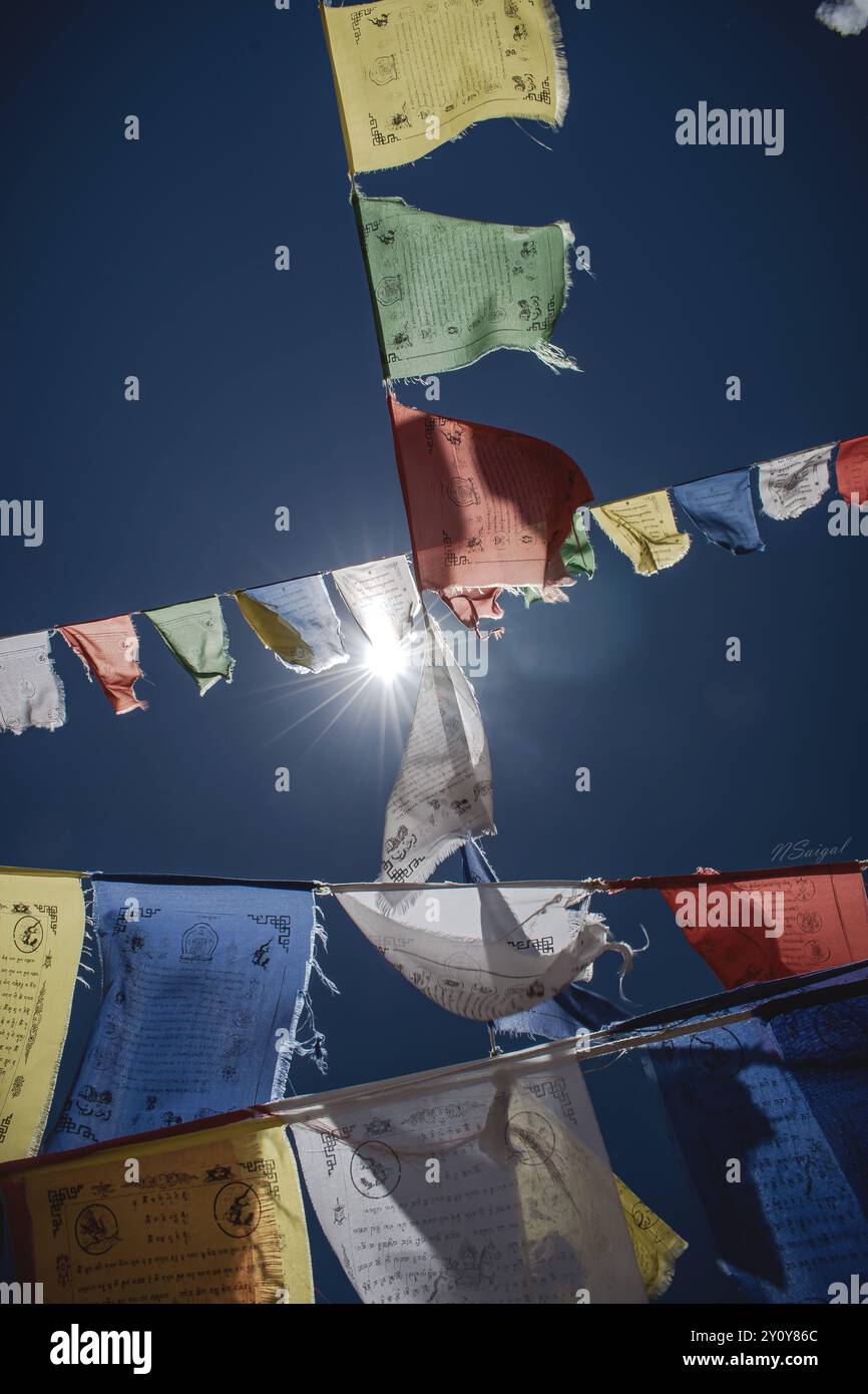 Sun shining bright upon the flags of Spiti Valley Stock Photo - Alamy