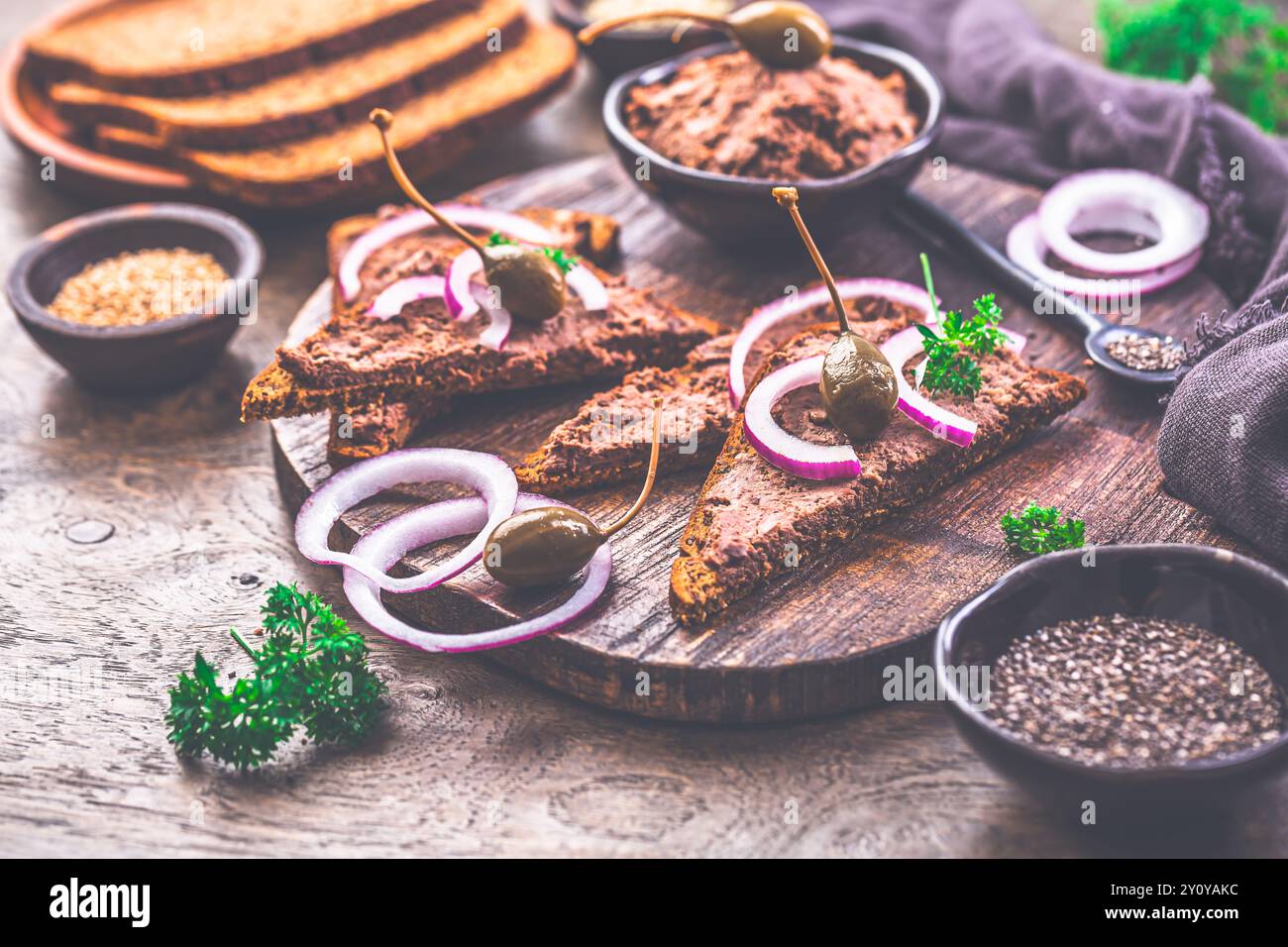 Homemade liver pate with wholewheat bread, onions and herbs Stock Photo ...