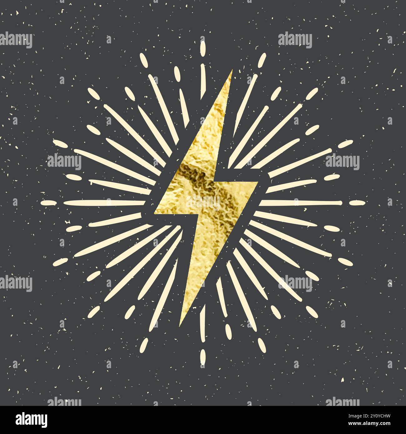 Vintage golden lightning bolt and sun rays. Gold foil texture ...