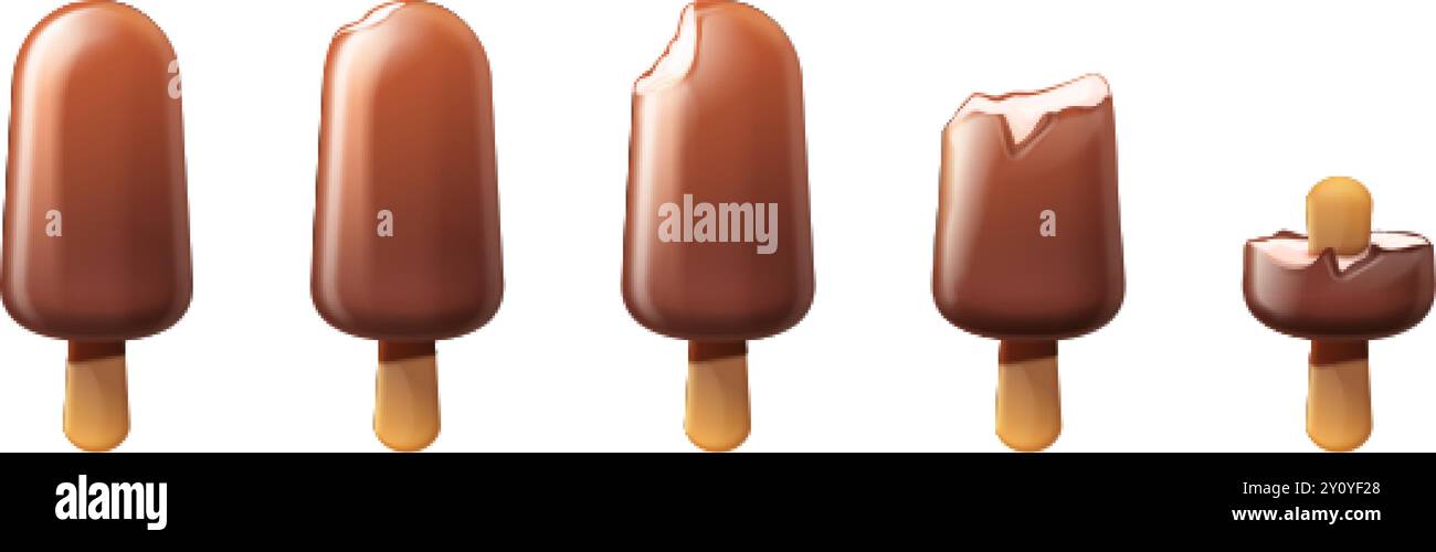 Popsicle bites. Realistic bitten icecream stages, popsicles bars on ...