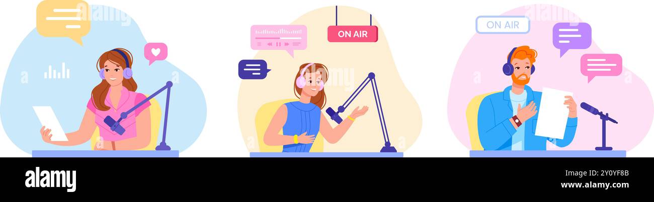 Radio presenters. Broadcast entertainment presenter characters record ...