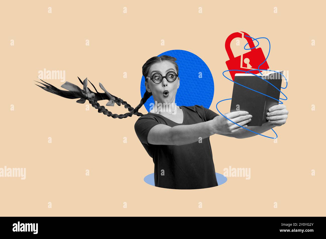 Creative trend collage of funny female read book nerd lock sign in ...