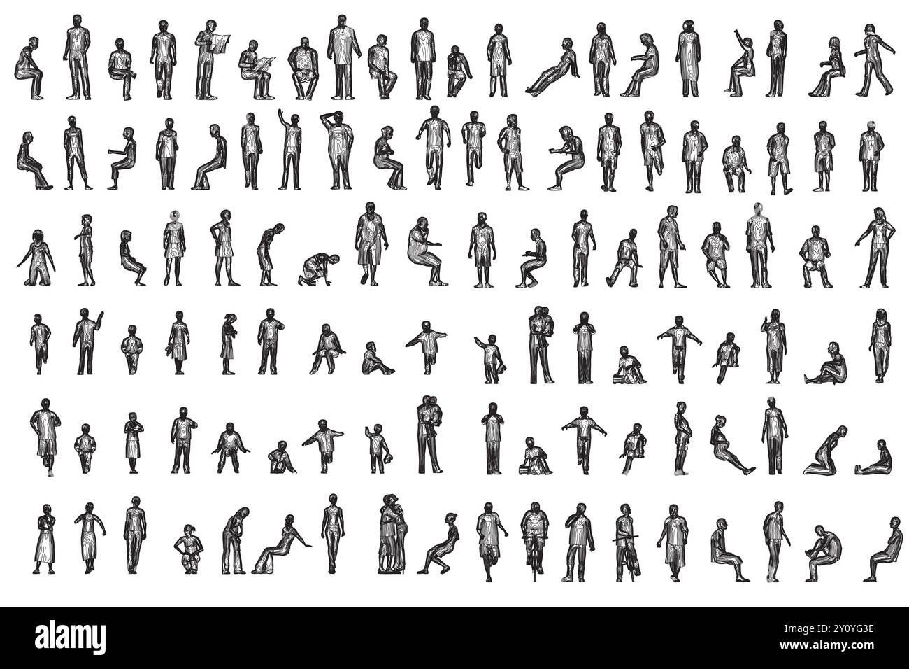 Set with people outlines in different positions from black lines isolated on white background ...