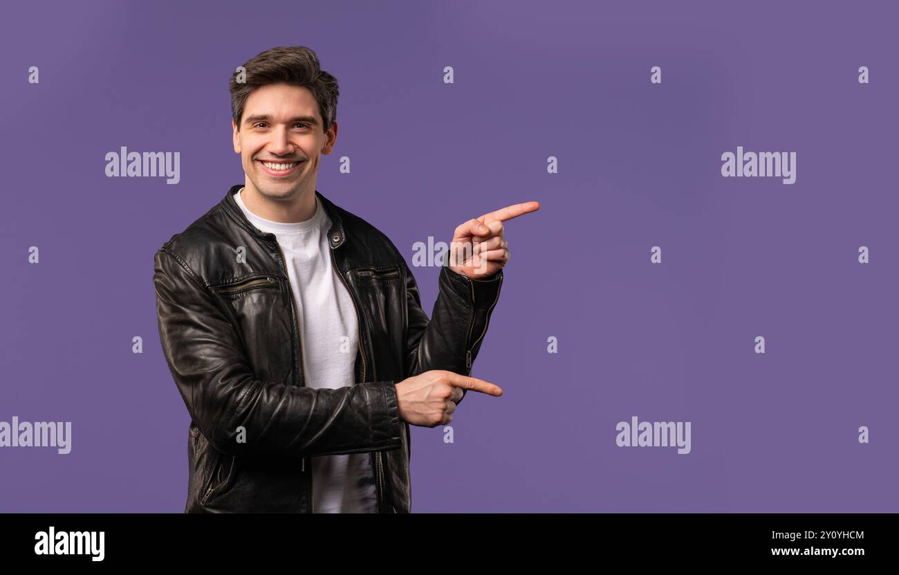 Happy promoter man presenting on workspace, mockup, promo commercial ...