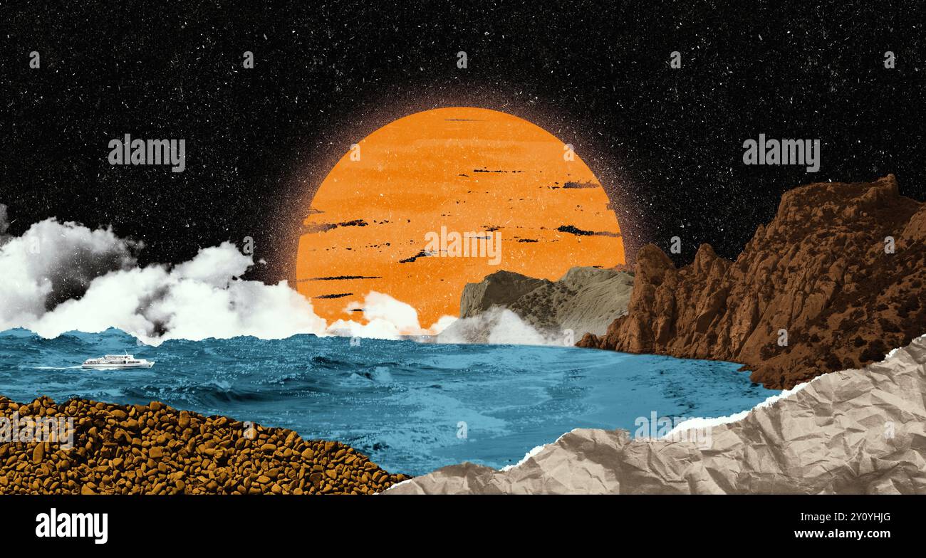 Surreal collage composition made fromf torn pieces of vintage magazines ...