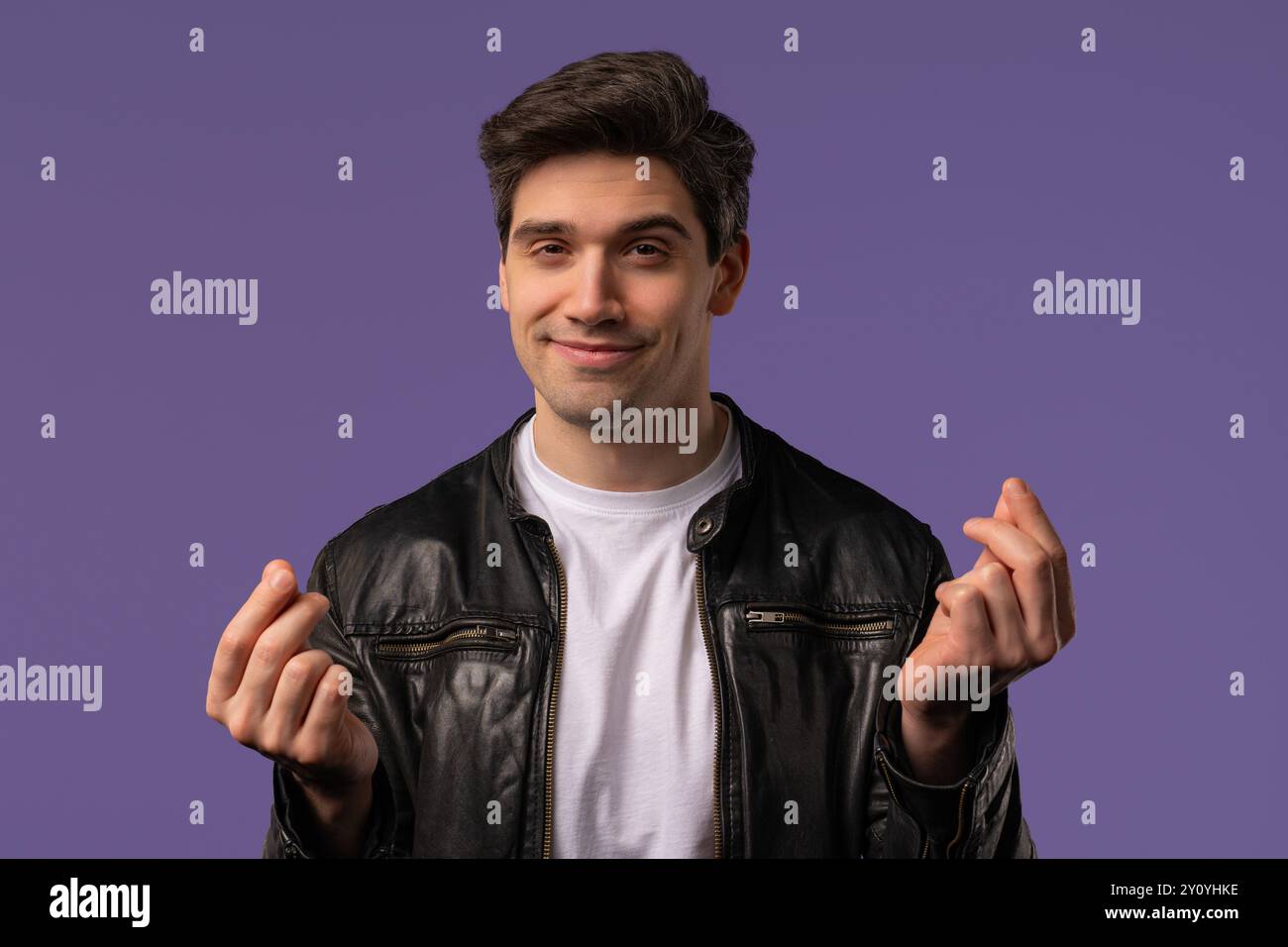 Smiling Man Asking Money Gesture On Violet Studio Background. Smart ...