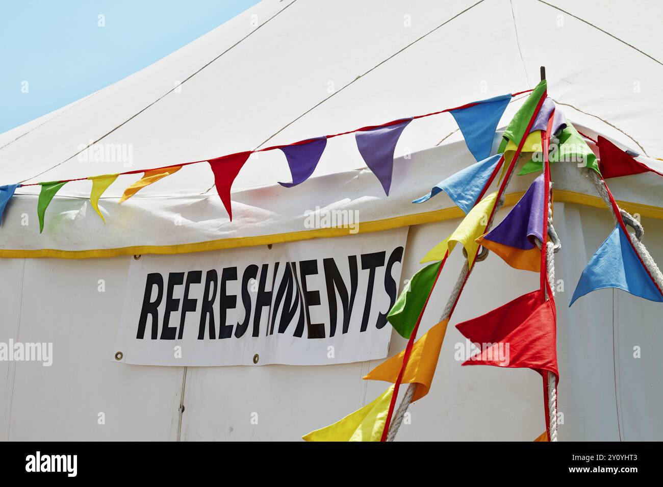 Marquee Tent With A Refreshment Sign And Multicoloured Bunting And ...