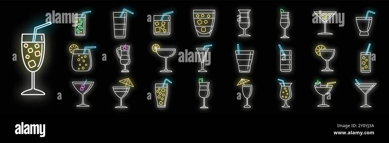Set of neon cocktail icons showing cocktails with straws and slices of ...