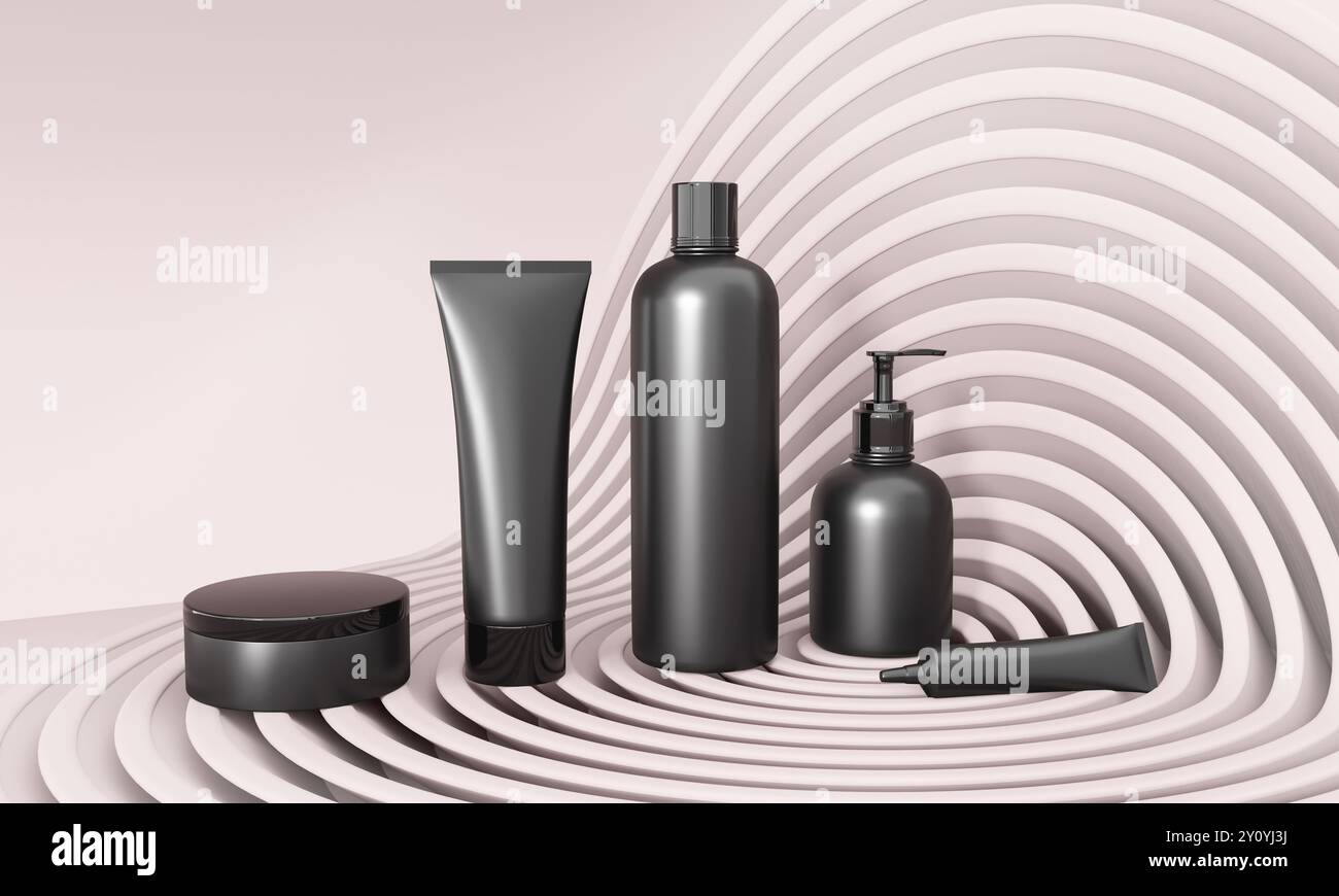 Pale rose whirl podium with cosmetic products. 3d rendering show case ...