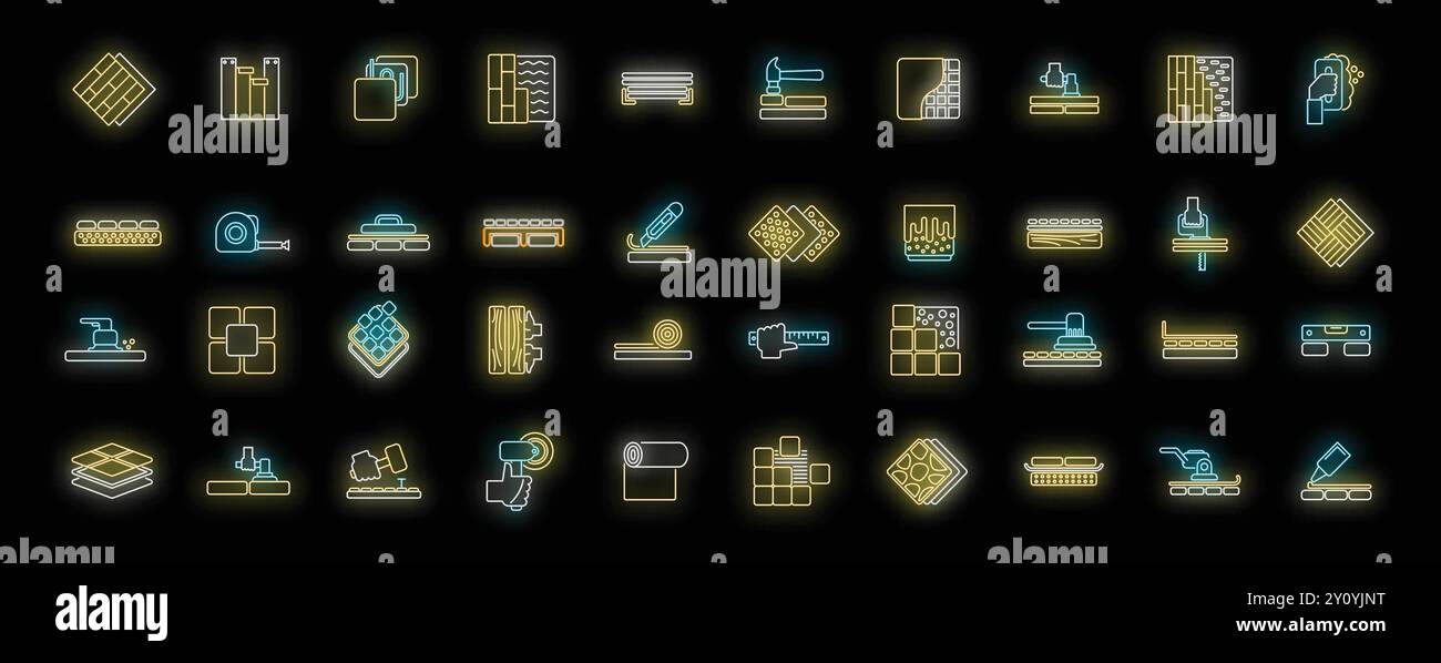 Set of floor work and material neon icons for web on black background ...