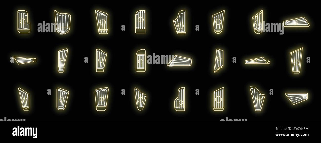 Set of glowing neon zithers in various positions on a black background ...