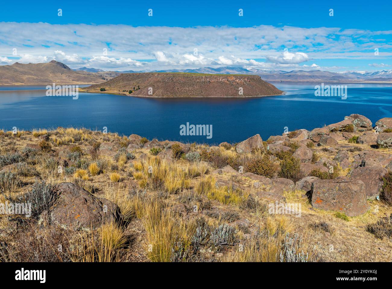 Umayo Lake by Sillustani funerary towers, Titicaca Lake region, Puno ...
