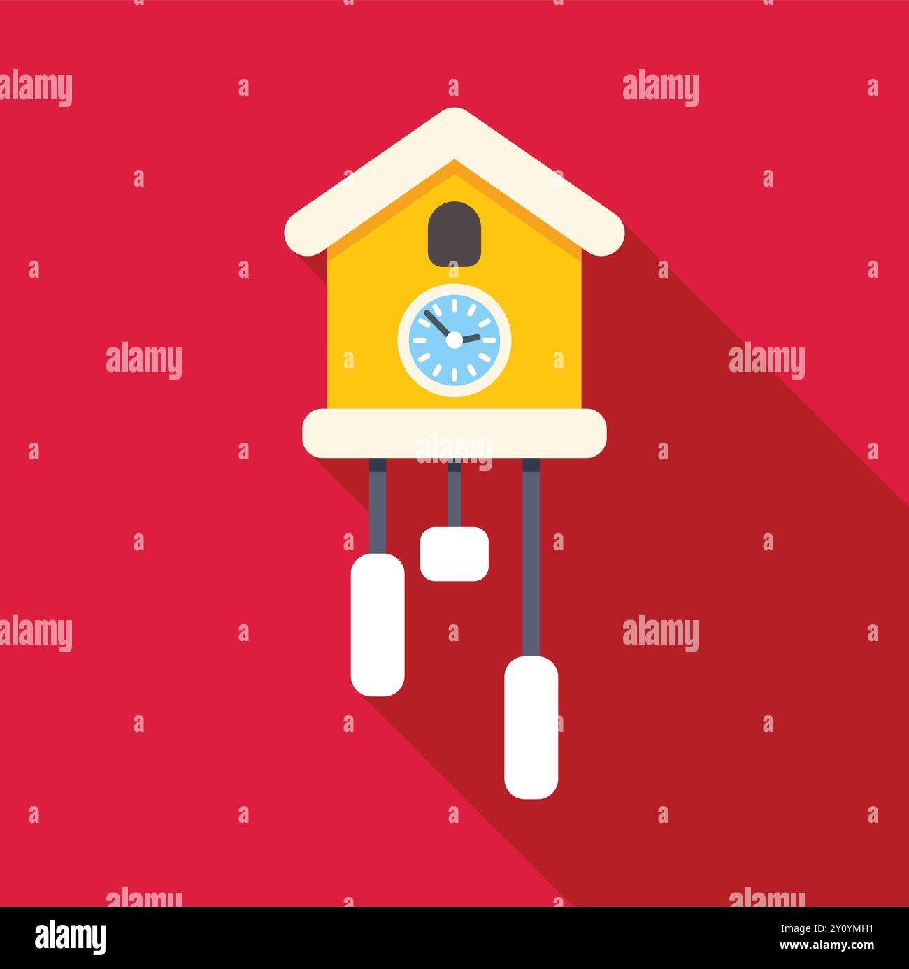 Yellow cuckoo clock with weights and pendulum hanging down, telling the ...