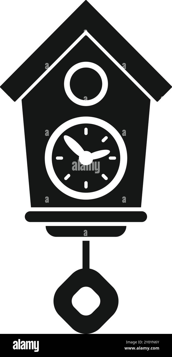 Black and white icon of a cuckoo clock hanging on a white background ...