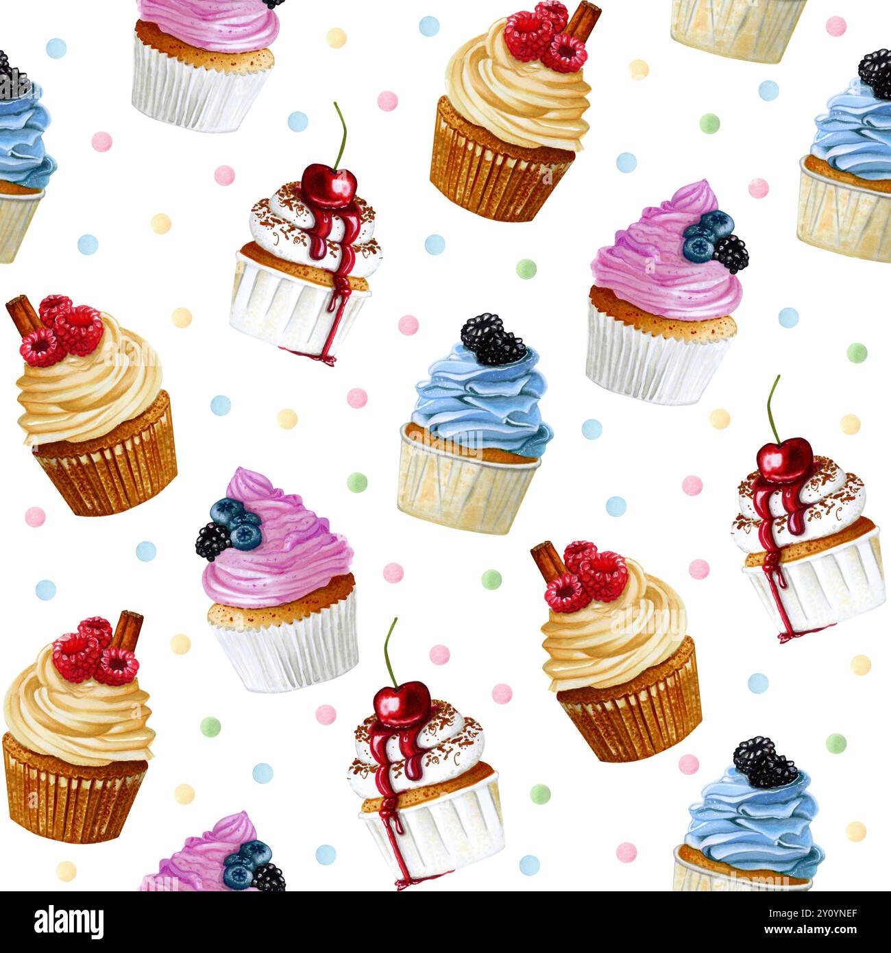 Sweet delicious watercolor pattern with cupcakes. Hand-drawn background ...