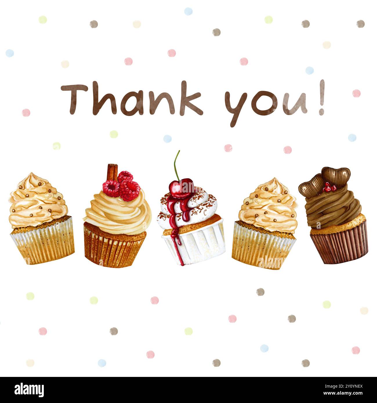 Sweet delicious watercolor illustration with cupcakes. Thank you ...