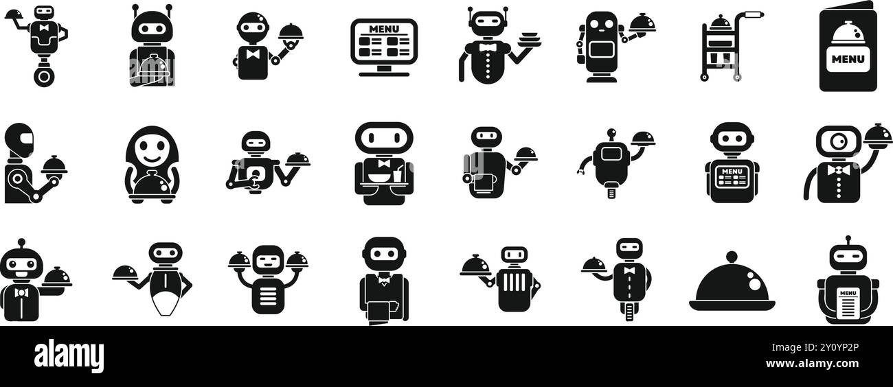 Robot waiter icons set. Robot food delivery service icons set in simple ... Robot waiter icons set. Robot food delivery service icons set in simple ...