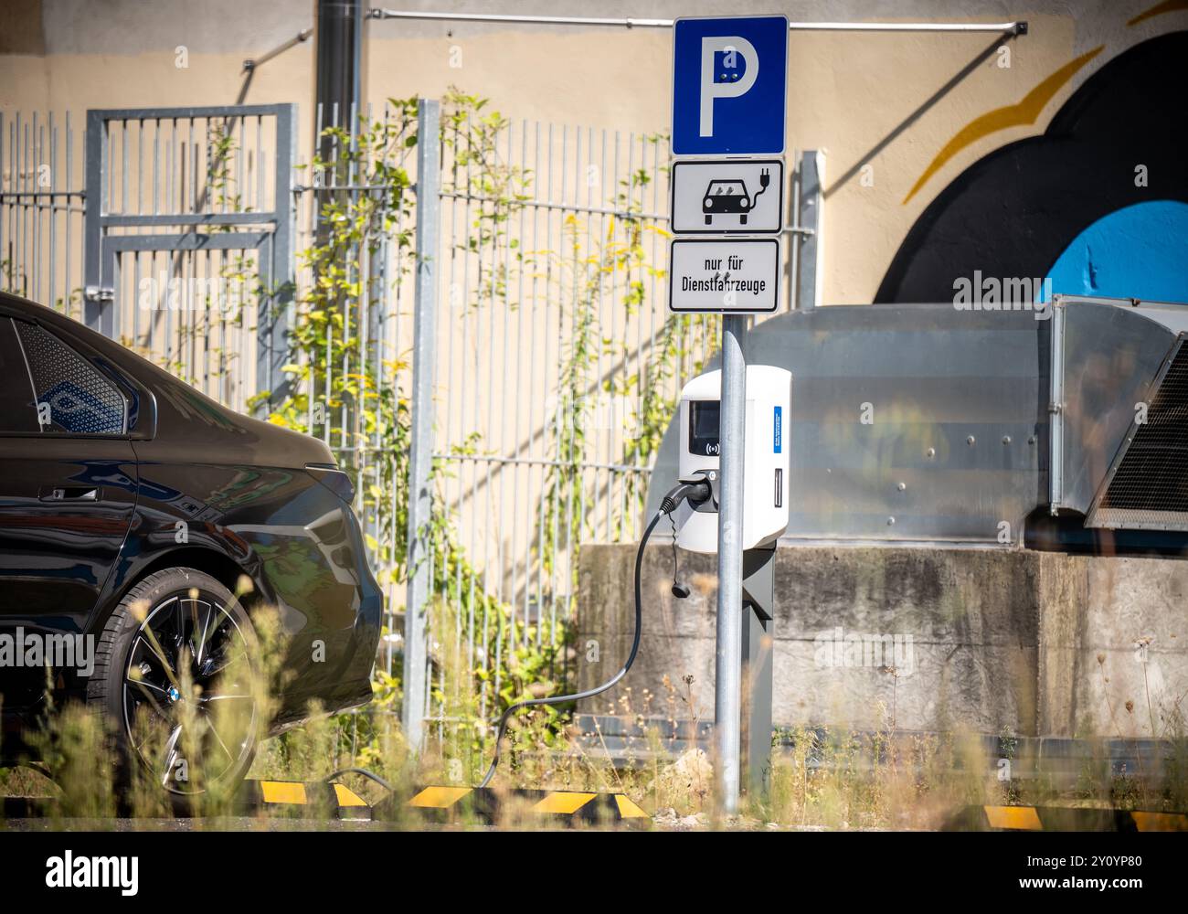04 September 2024, Berlin: An electric vehicle parks at a wallbox in a ...