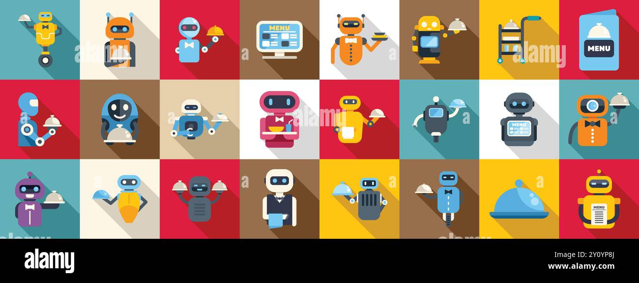 Robot waiter icons set. Restaurant robots serving food, holding trays ...