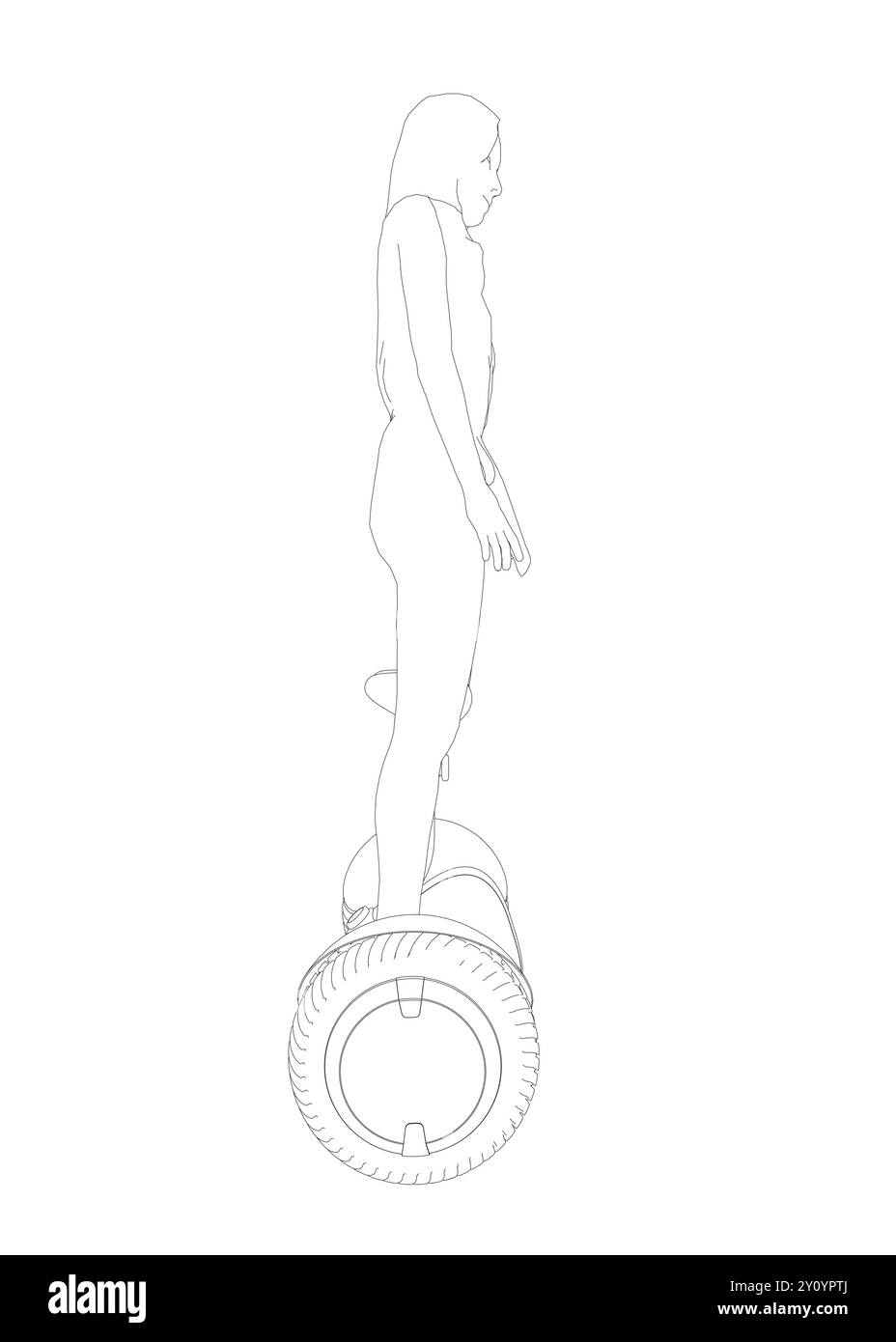 Outline of a girl standing on a segway made of black lines isolated on ...