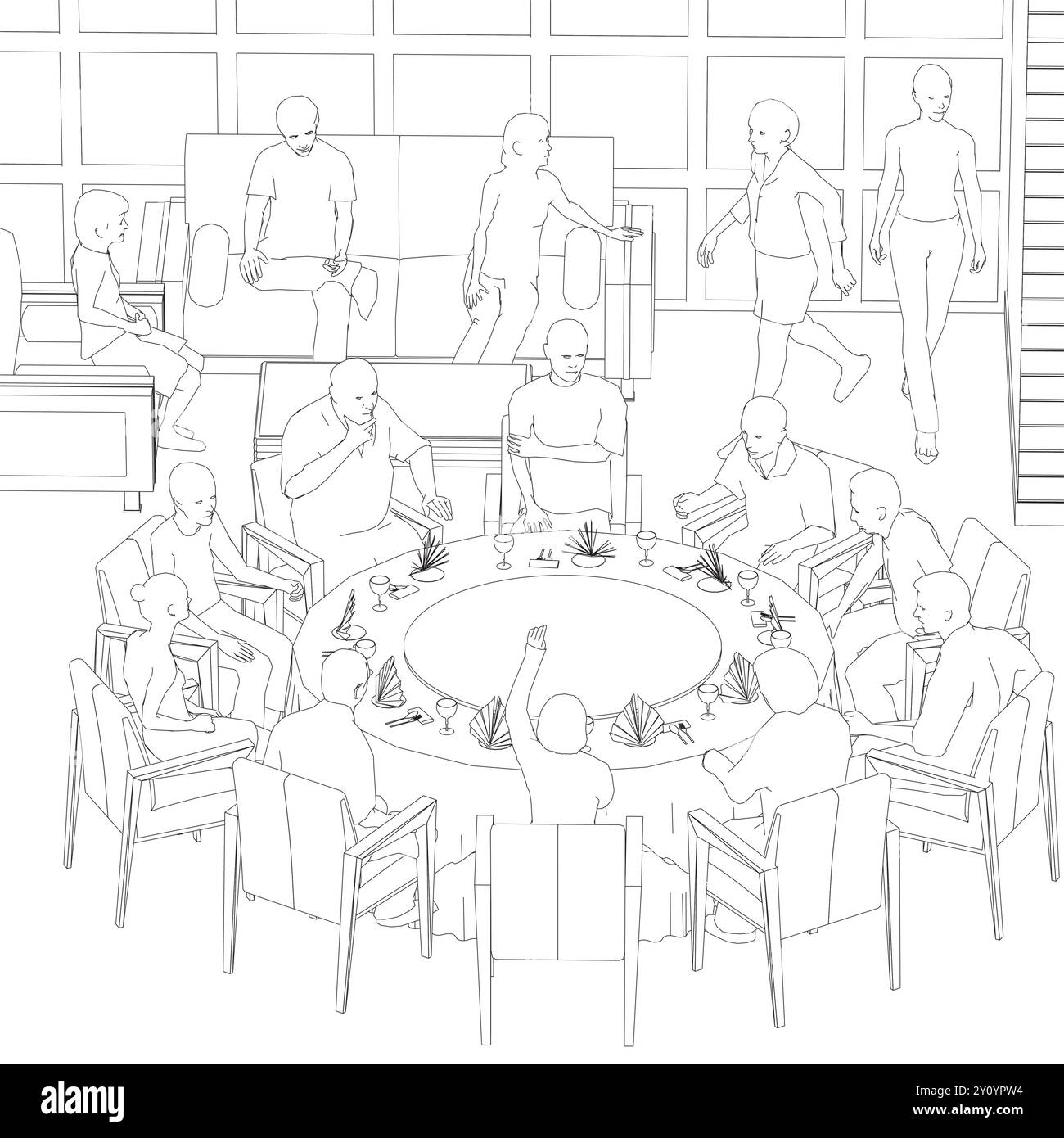 Outline of people sitting in restaurant on chairs and sofa from black ...