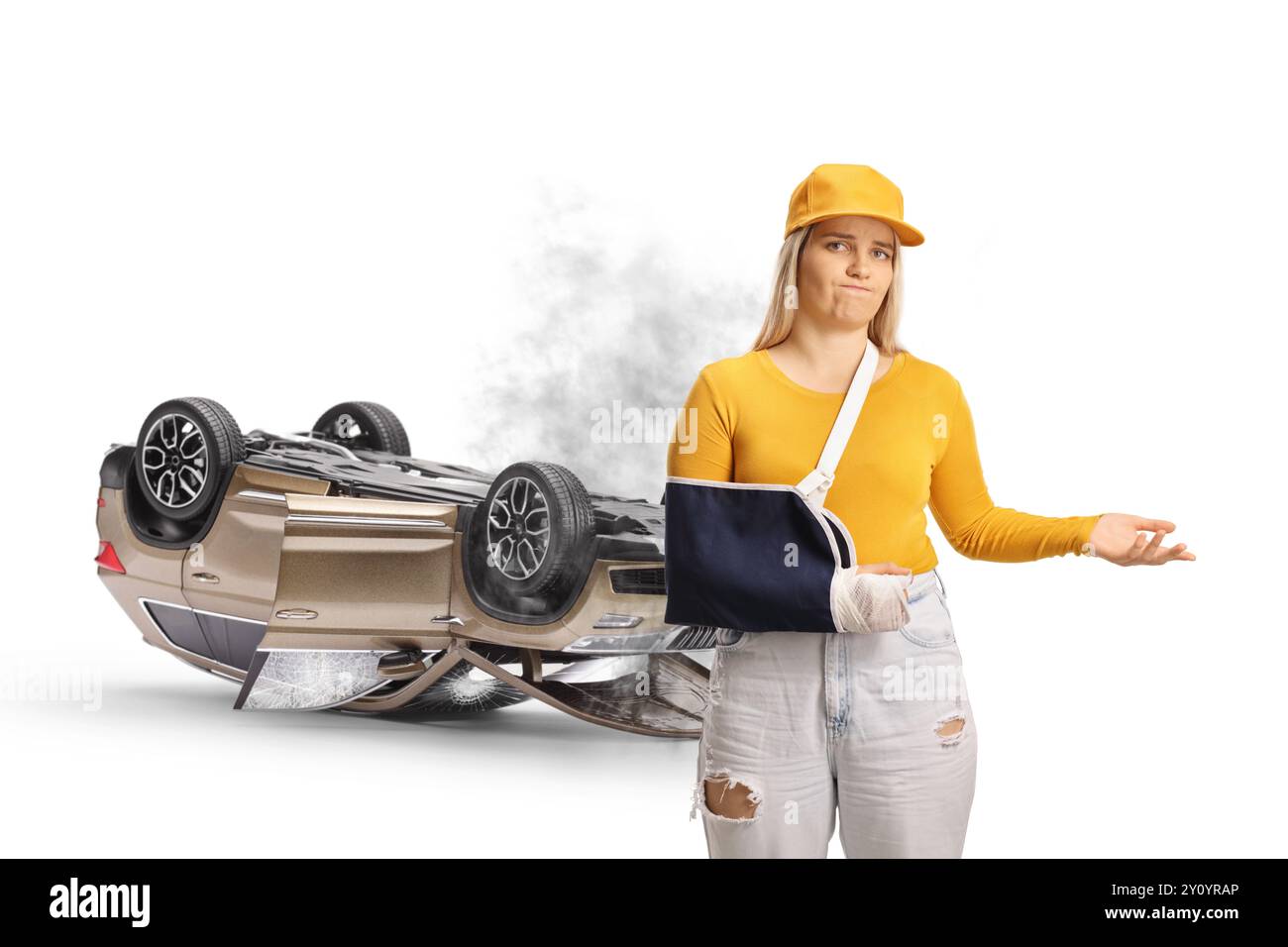 Young female injured passenger with a broken arm wearing an arm splint ...