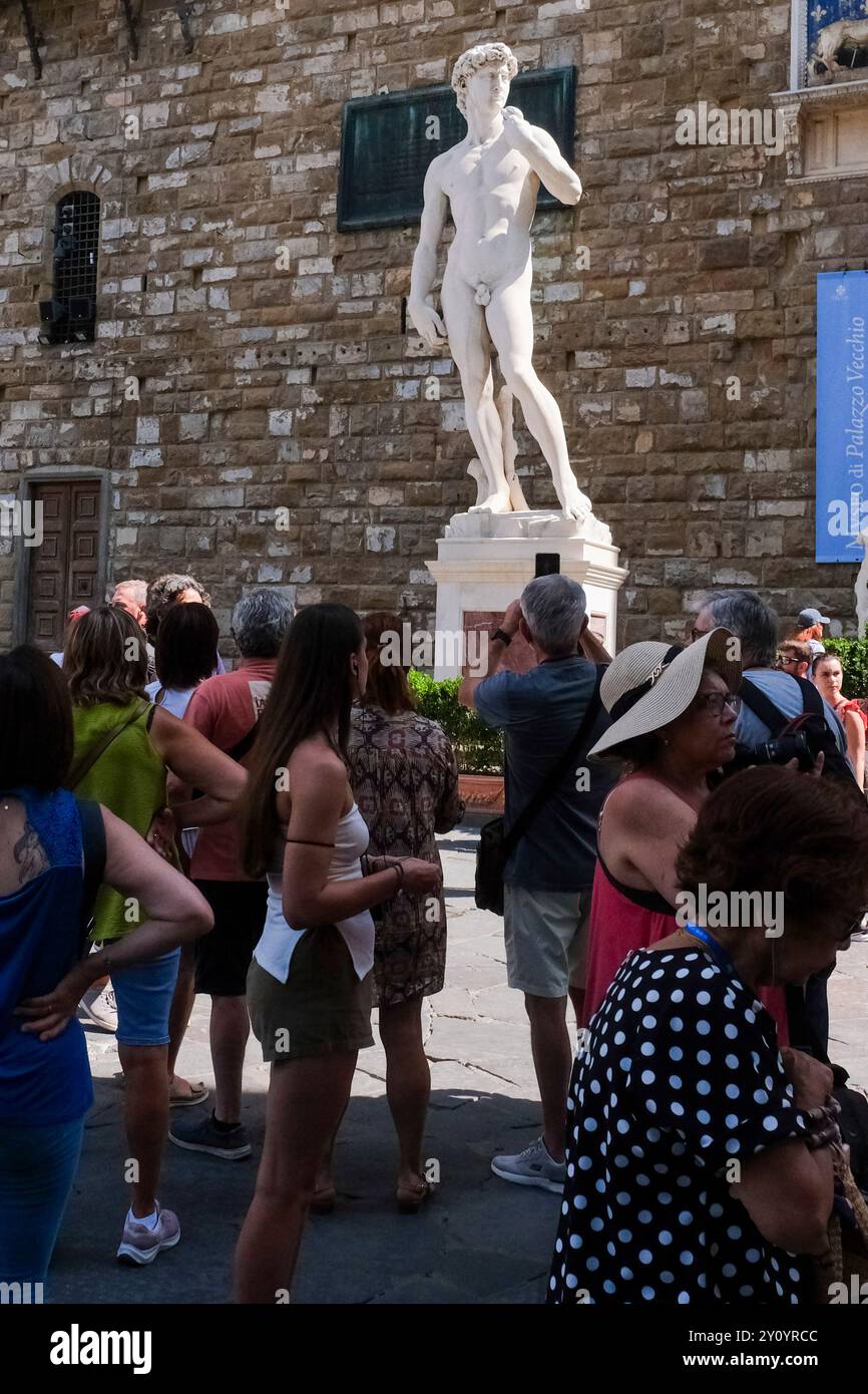 the entrance to the Palazzo Vecchio with Donatello's David in front, September 1, 2024. The ...