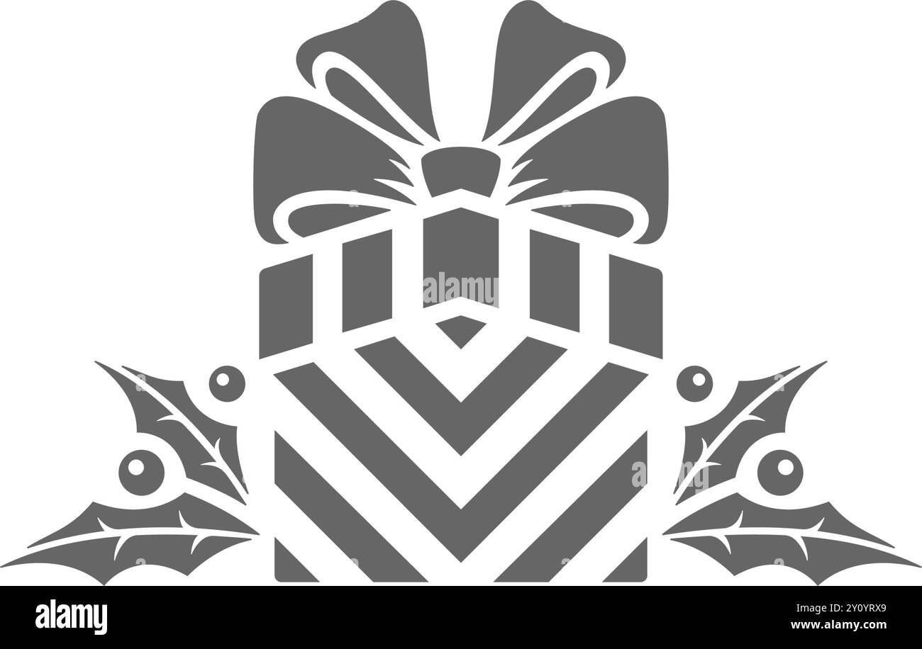 Vector illustration of striped present box with box depicted near holly ...
