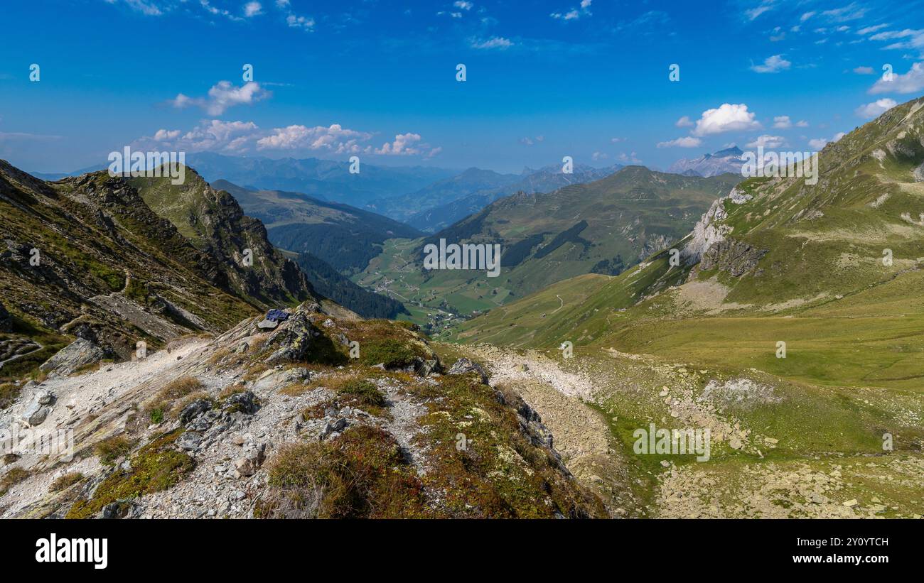 panoramic view, hike over steep Swiss mountains, border with stony ...
