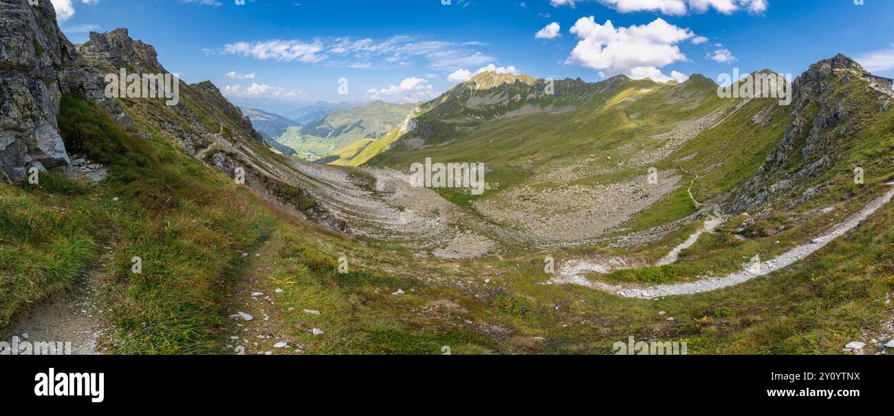 panoramic view, hike over steep Swiss mountains, border with stony ...