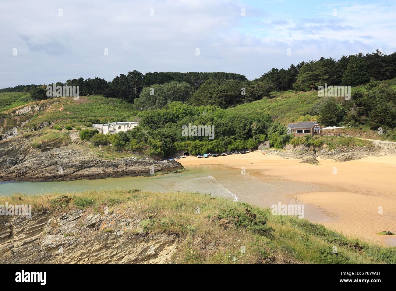 Sandy beach and Fortin Port Andro at Port Andro, Belle Ile en Mer ...