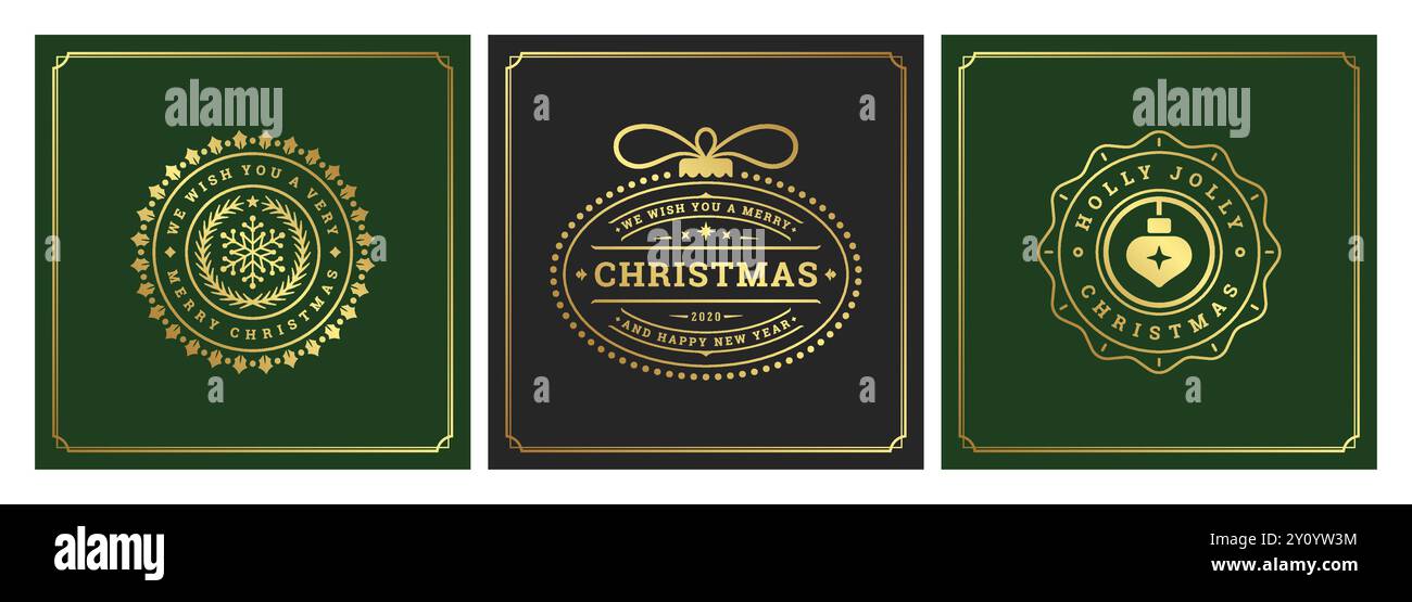 Christmas square banners vintage typographic design, ornate decorations ...